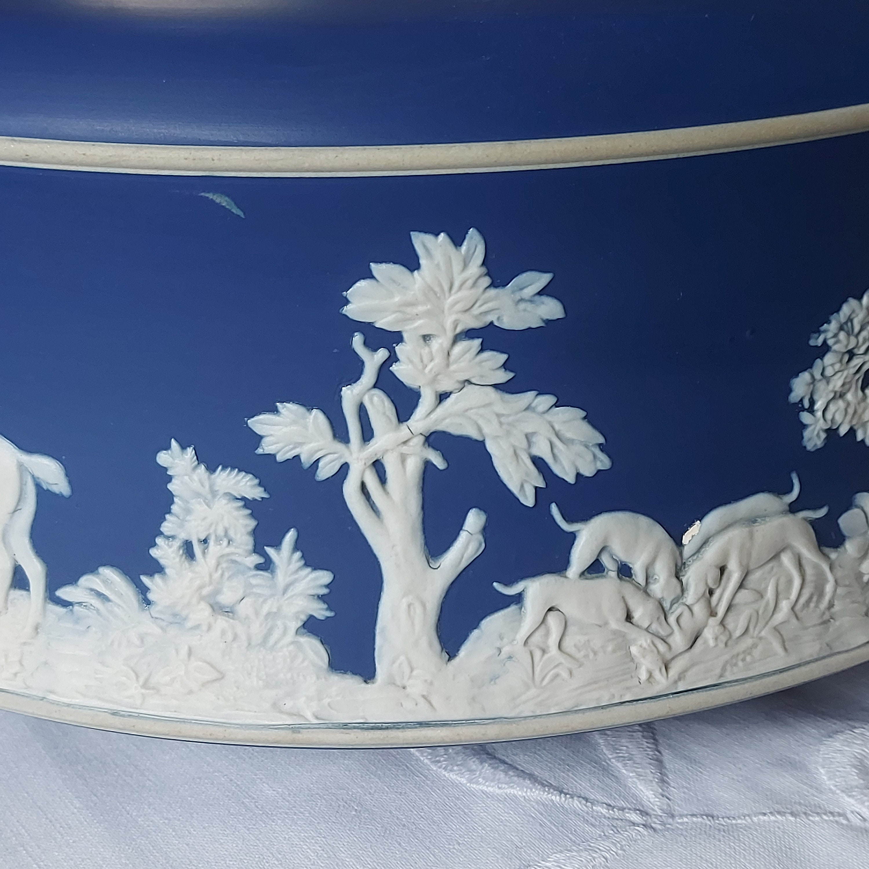 Vintage Adams Tunstall Blue Jasperware, Pioneer Hunt Scene Salad Bowl ...