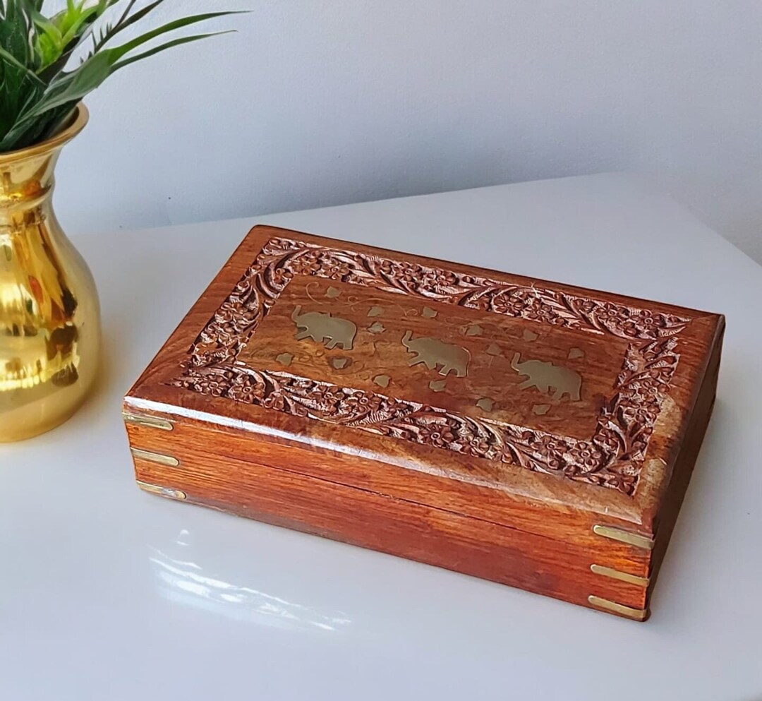 Indian Brass Inlaid Elephant Treasure Box, Decorative Box, Jewellery ...
