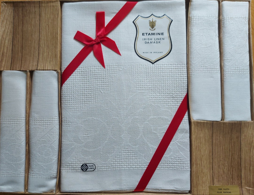 Vintage ETAMINE IRISH LINEN Table Cloth and 4 Napkins 1960s New in Box ...