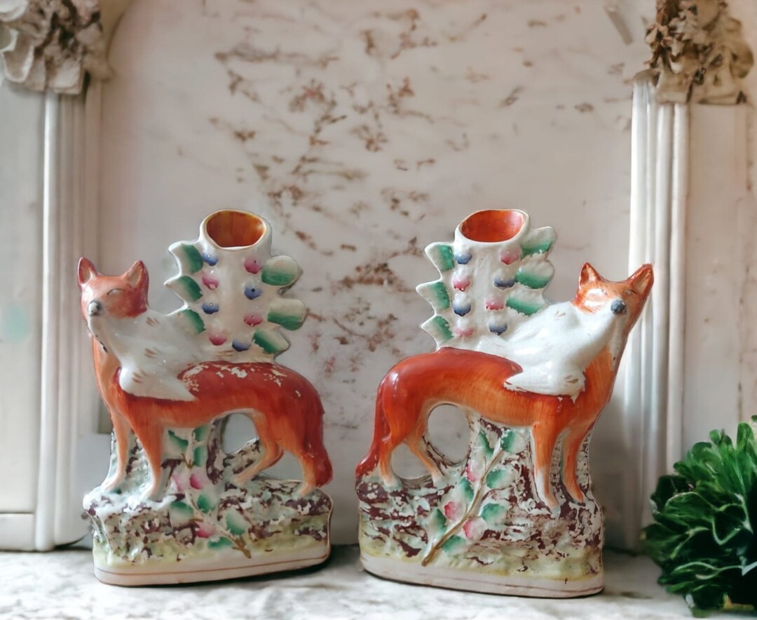 Pair of Antique Staffordshire Fox Spill Vases 1860 Pastoral Setting - Etsy