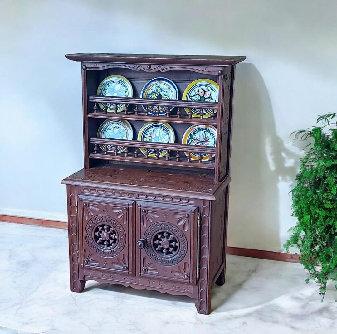 Miniature French Antique Breton Carved Hutch With Miniature Quimper ...