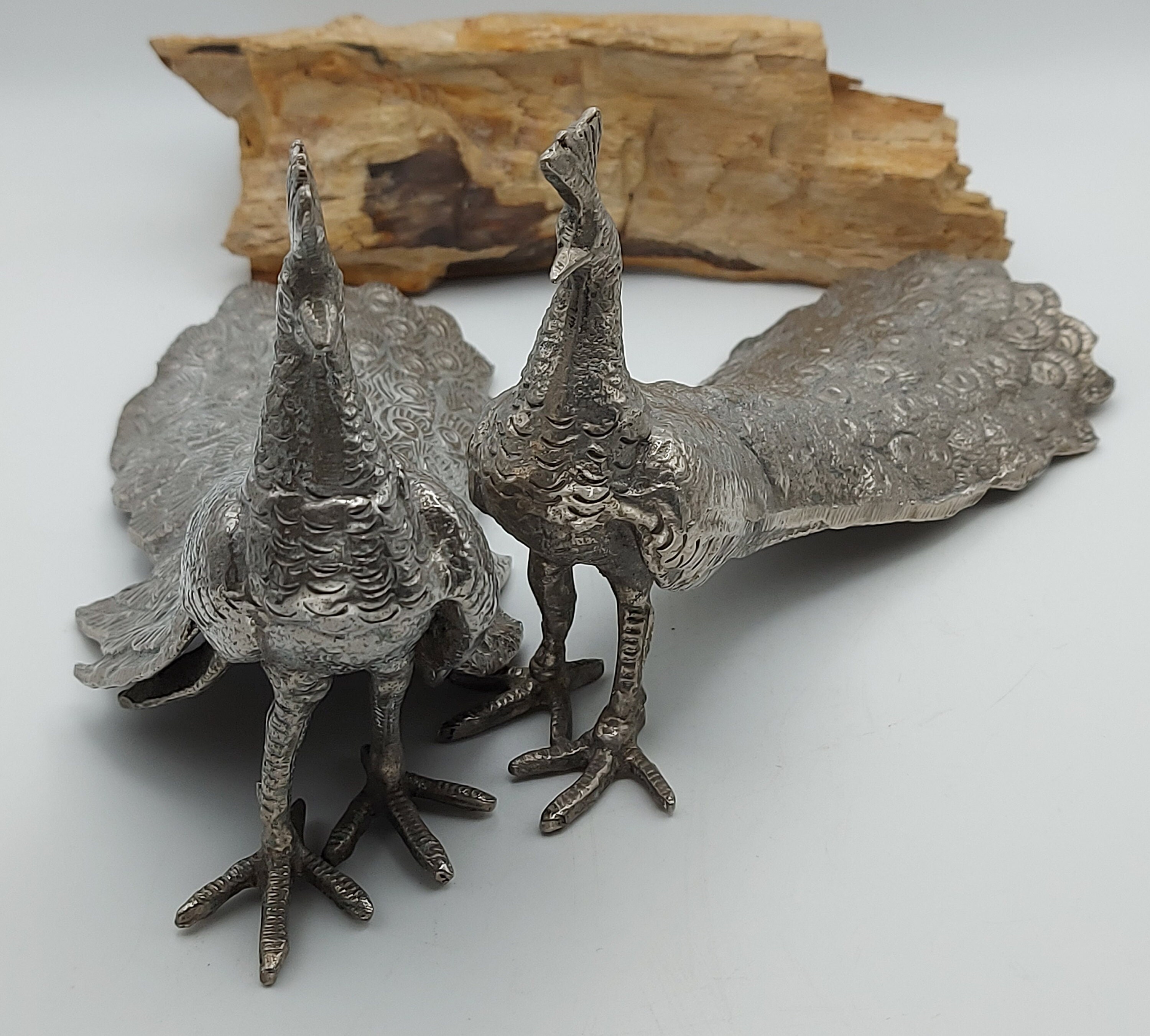 Pair of French Peacock Statues in Silverton Over Brass Mid Century ...