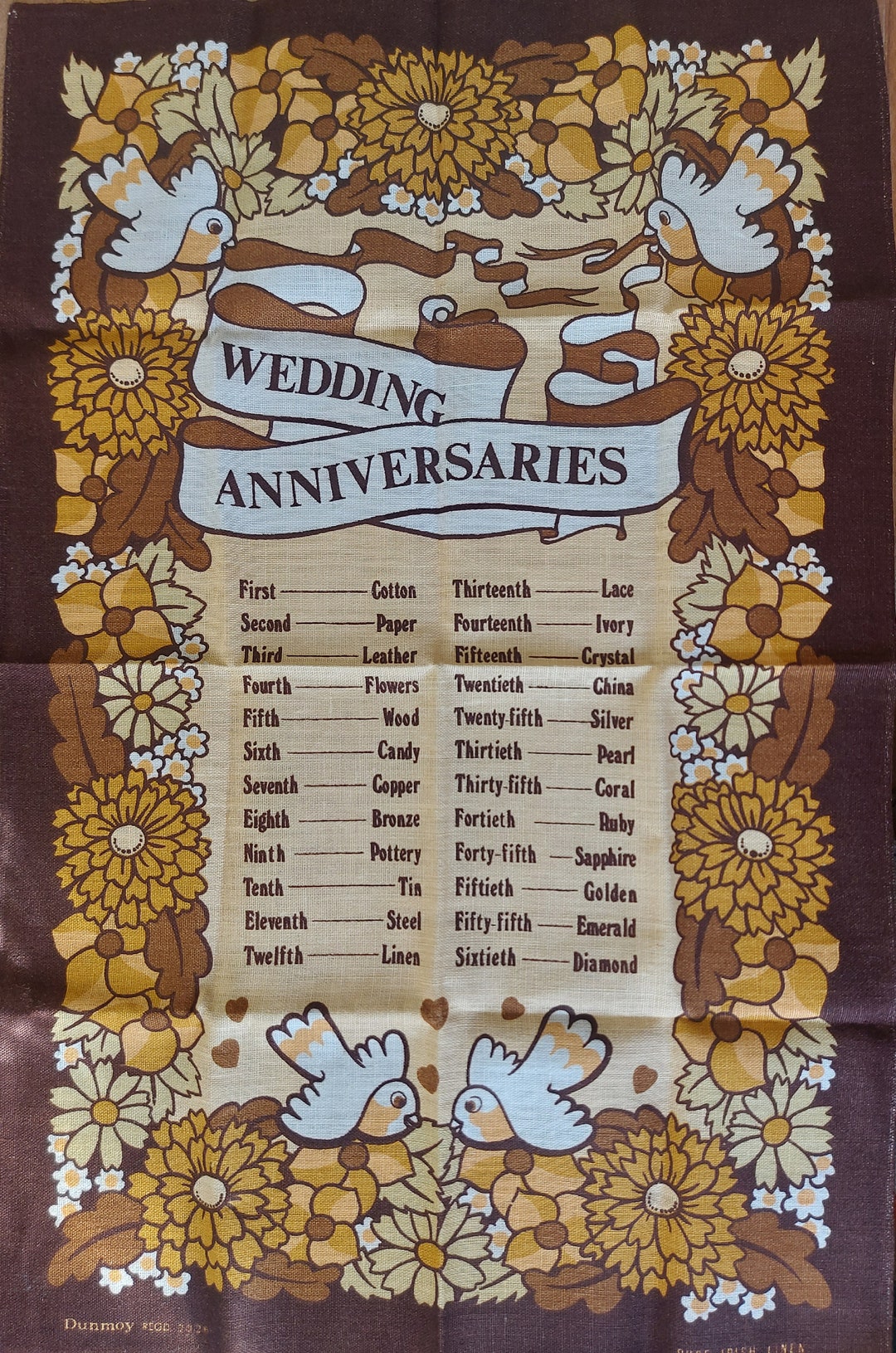 60s Vintage Irish Linen Tea Towel, Wedding Anniversary Chart - Etsy