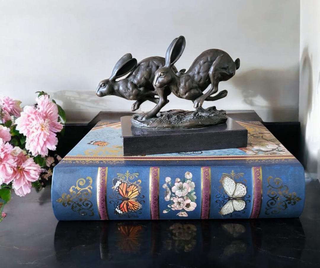 Bronze Running Hares on Marble Base Statue Figurine Animal Art, Wild ...