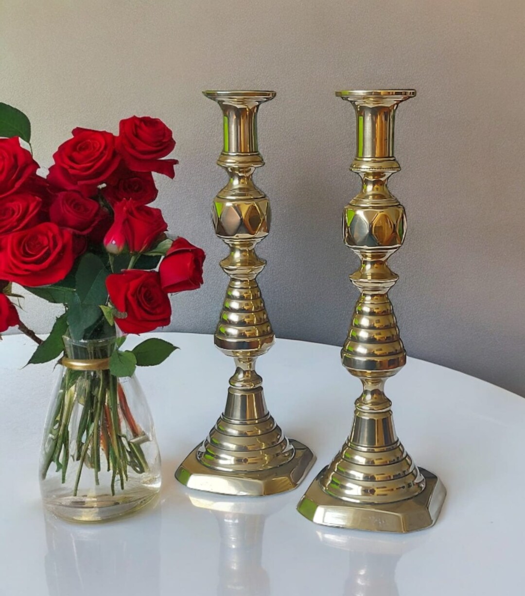 Antique Victorian Brass Candlestick Pair, Beehive Diamond Pattern, 12 ...