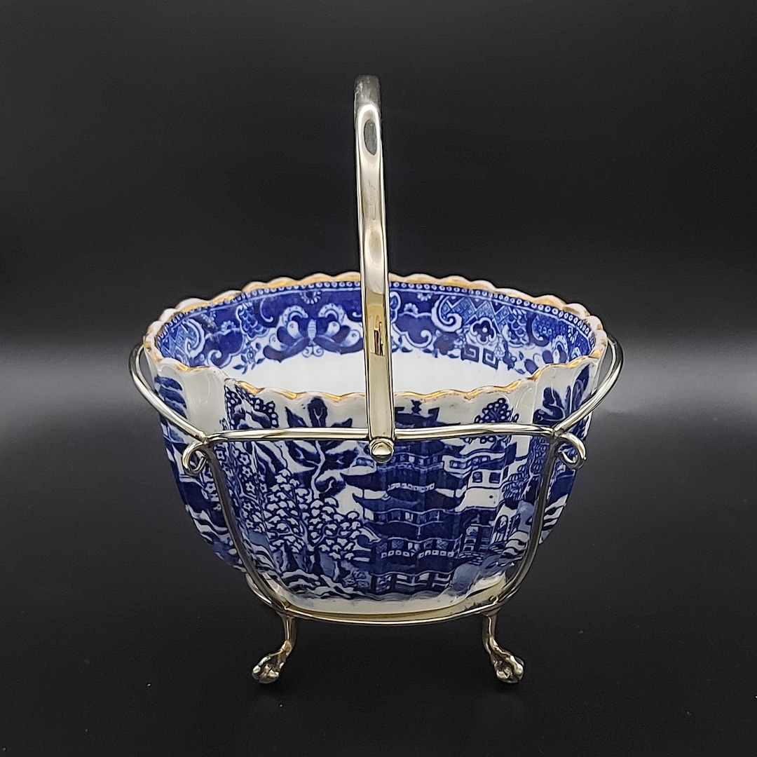 Antique Spode Willow Pattern Serving Bowl With Metal Basket, 1875-1890 ...