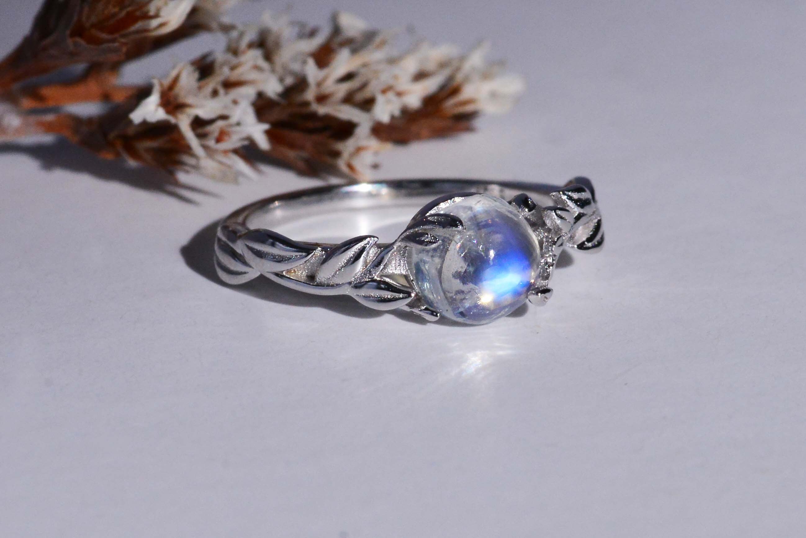 Floral Sterling Silver Moonstone Ring, Dome Cut Stone - Etsy