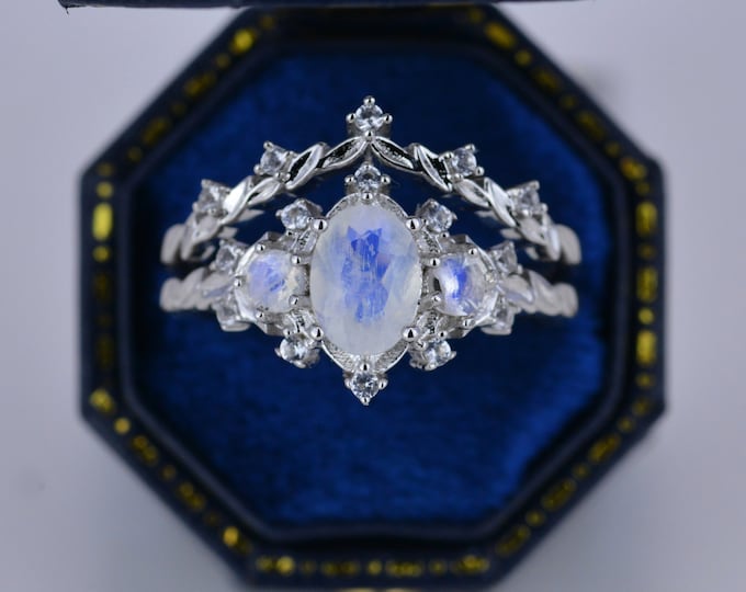 White Gold Platinum Vintage Style Natural Moonstone Ring Set, 1ct Oval ...