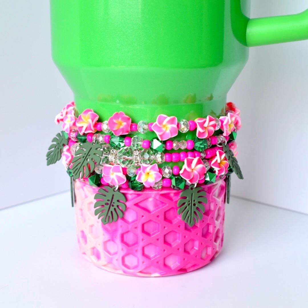 Tropical Tumbler Bracelet Set: Monstera Leaf, Pearl & Polymer Clay - Etsy