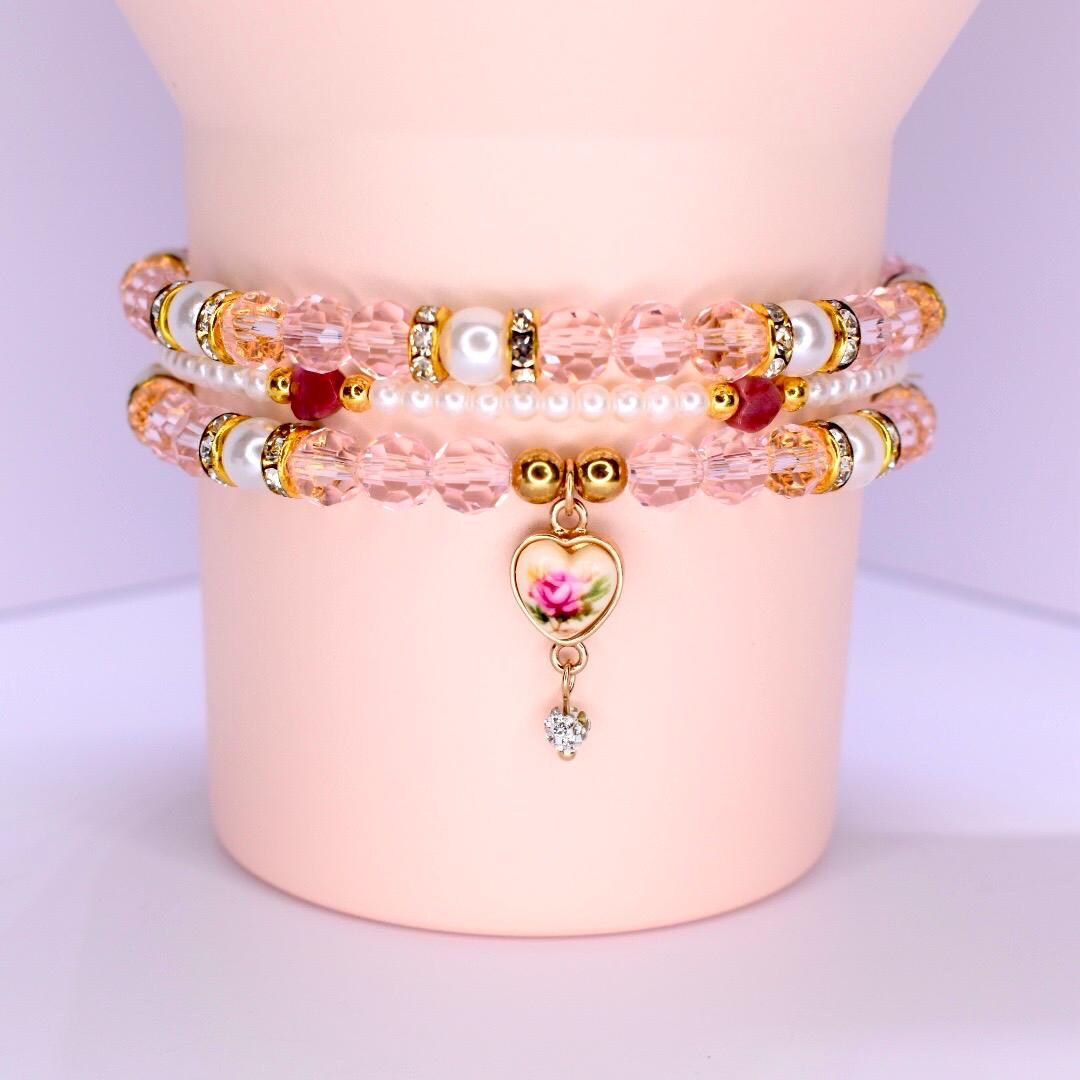 Pink Conch Floral Bracelet Stack, Set of 3 - Etsy