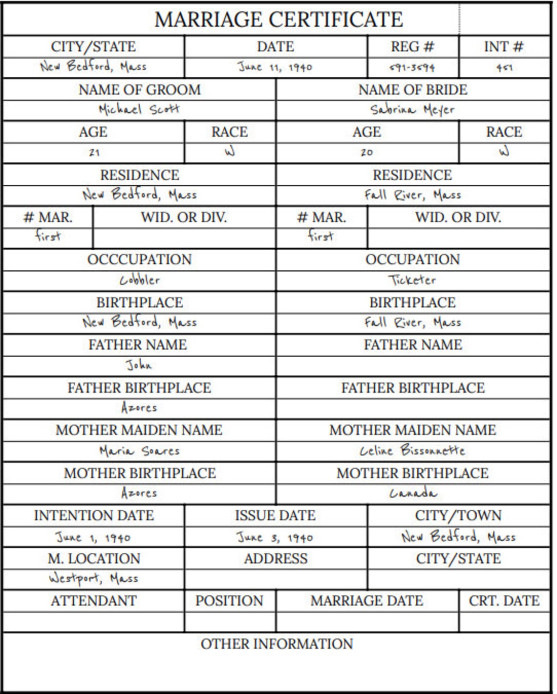 Fillable Marriage Certificate for Ancestry Genealogy Research Printable ...