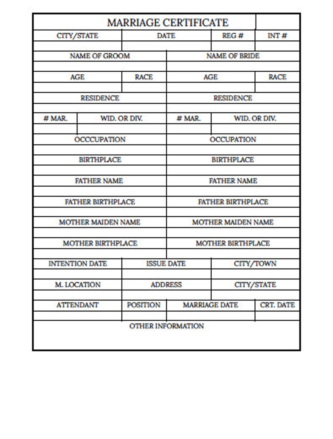 Fillable Marriage Certificate for Ancestry Genealogy Research Printable ...