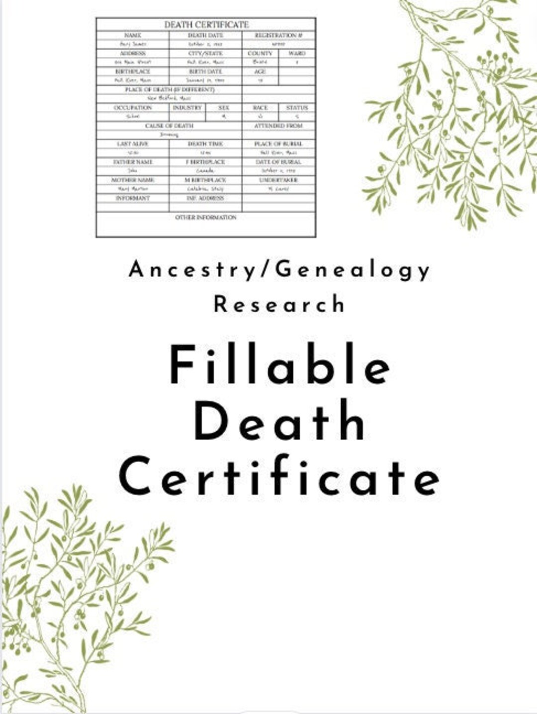 Fillable Death Certificate for Ancestry Genealogy Research - Printable ...