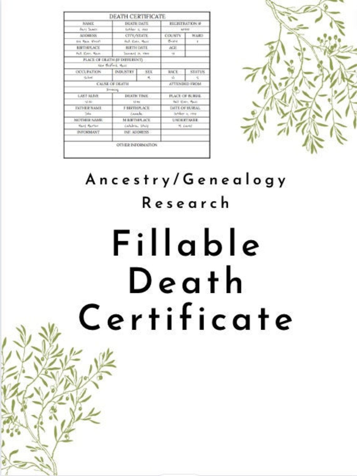 Fillable Death Certificate for Ancestry Genealogy Research - Printable ...