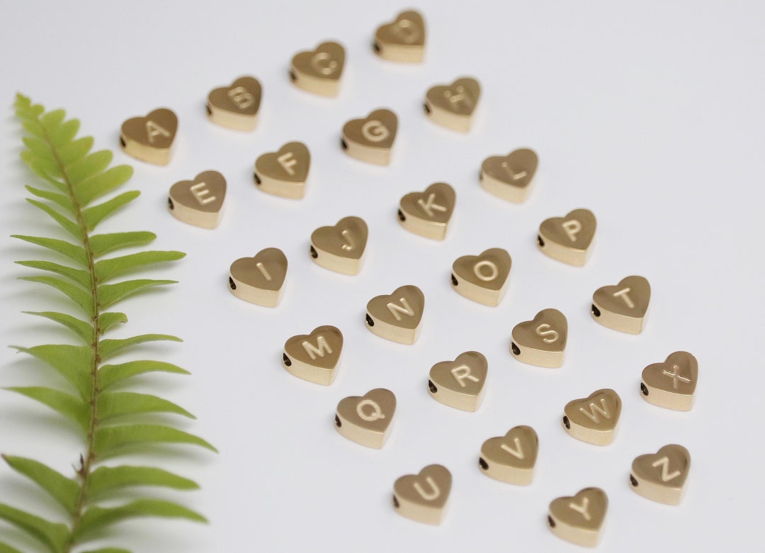 Gold Heart Initial Bead, 14K Gold Letter Charm, Stainless Steel ...