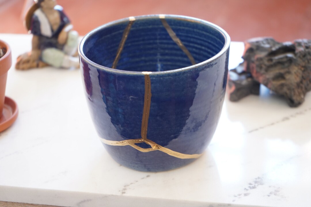 Kintsugi Flower Pot Planter Pot Deep Blue, - Etsy