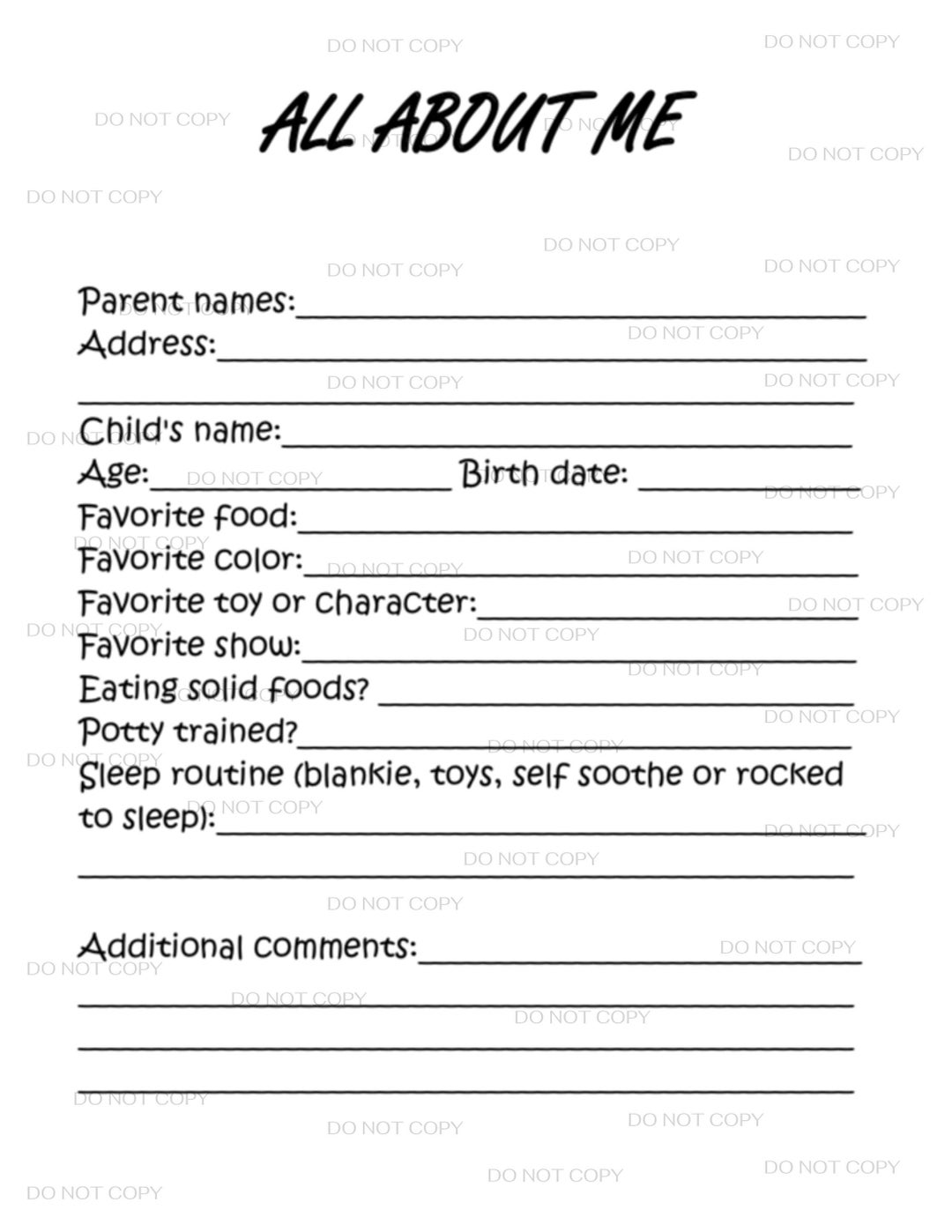 Daycare Child Information Form PDF Digital Download - Etsy