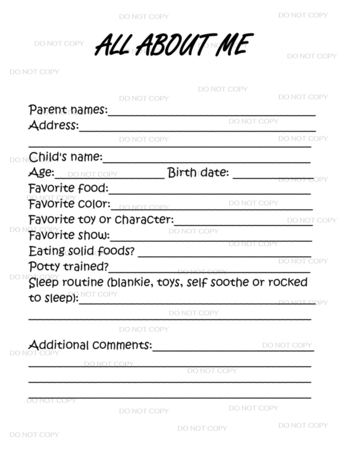 Daycare Child Information Form PDF Digital Download - Etsy
