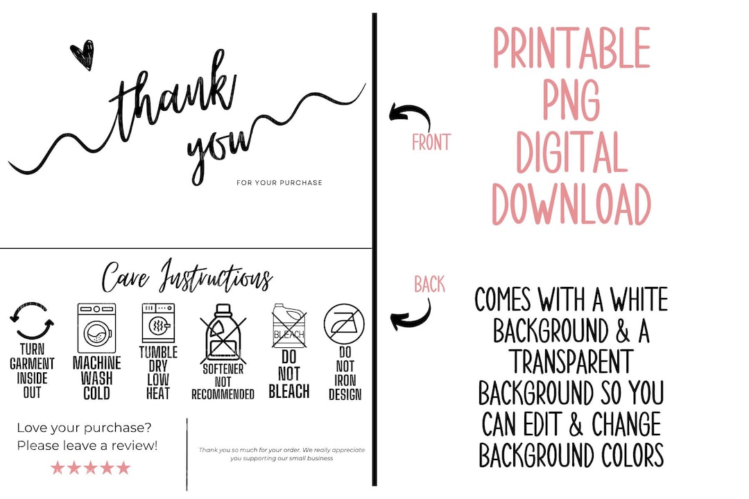 Thank You Care Instruction Cards | Shirt Care Instructions | Small ...