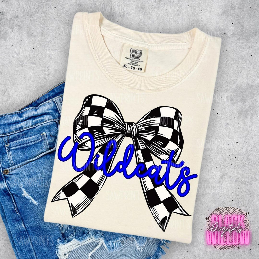 Blue Wildcats Checkered Coquette Bow Mascot | PNG Digital Download ...