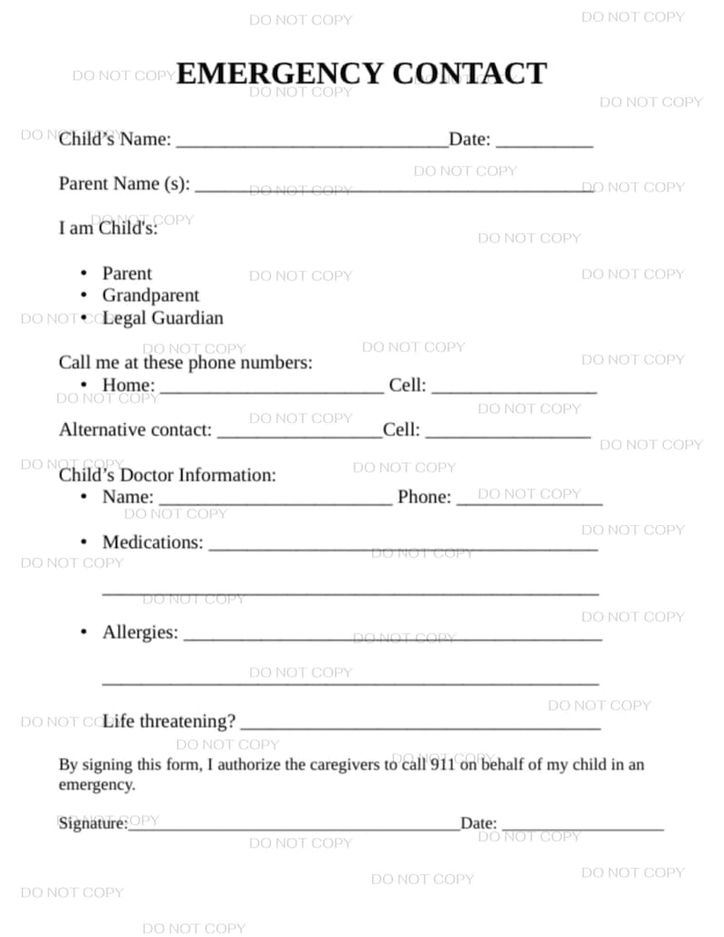 Childcare Emergency Contact Form PDF Digital Download - Etsy