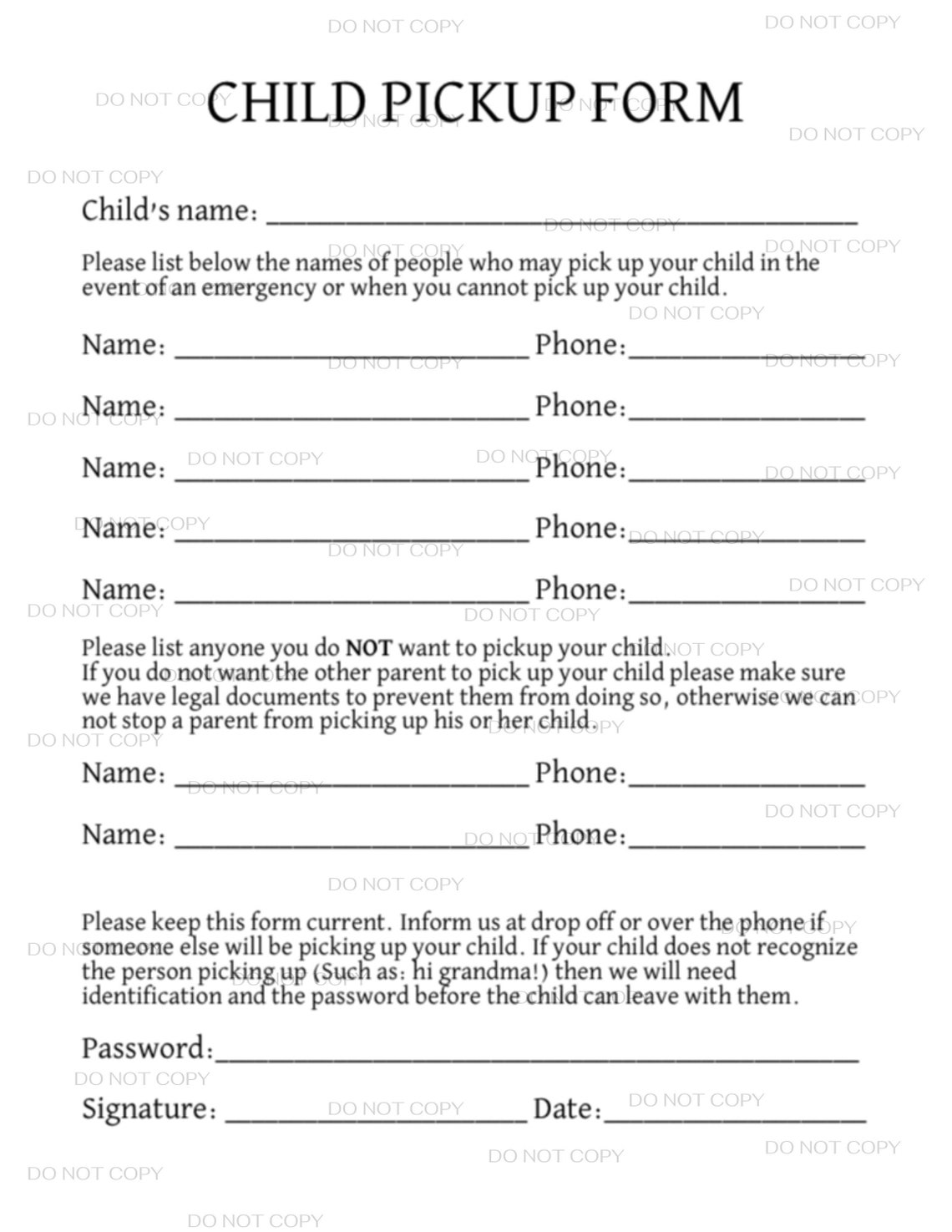 Childcare Pickup Authorization Form PDF Digital Download - Etsy