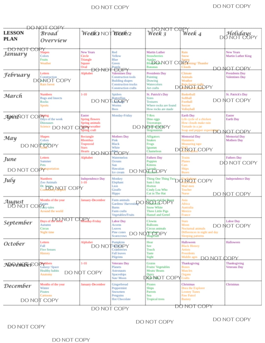 Childcare Yearly Lesson Plan Subject Guide PDF Digital Download - Etsy