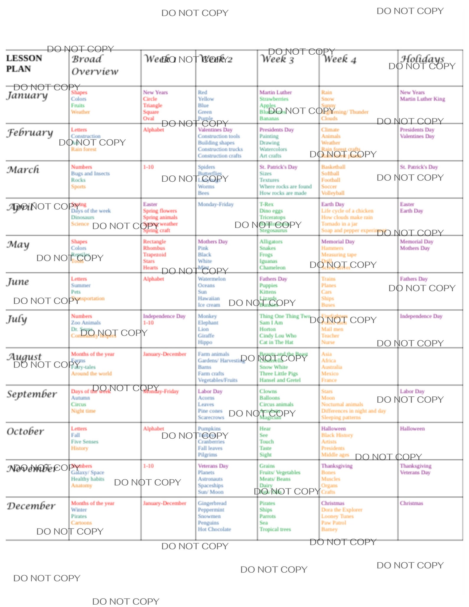 Childcare Yearly Lesson Plan Subject Guide PDF Digital Download - Etsy