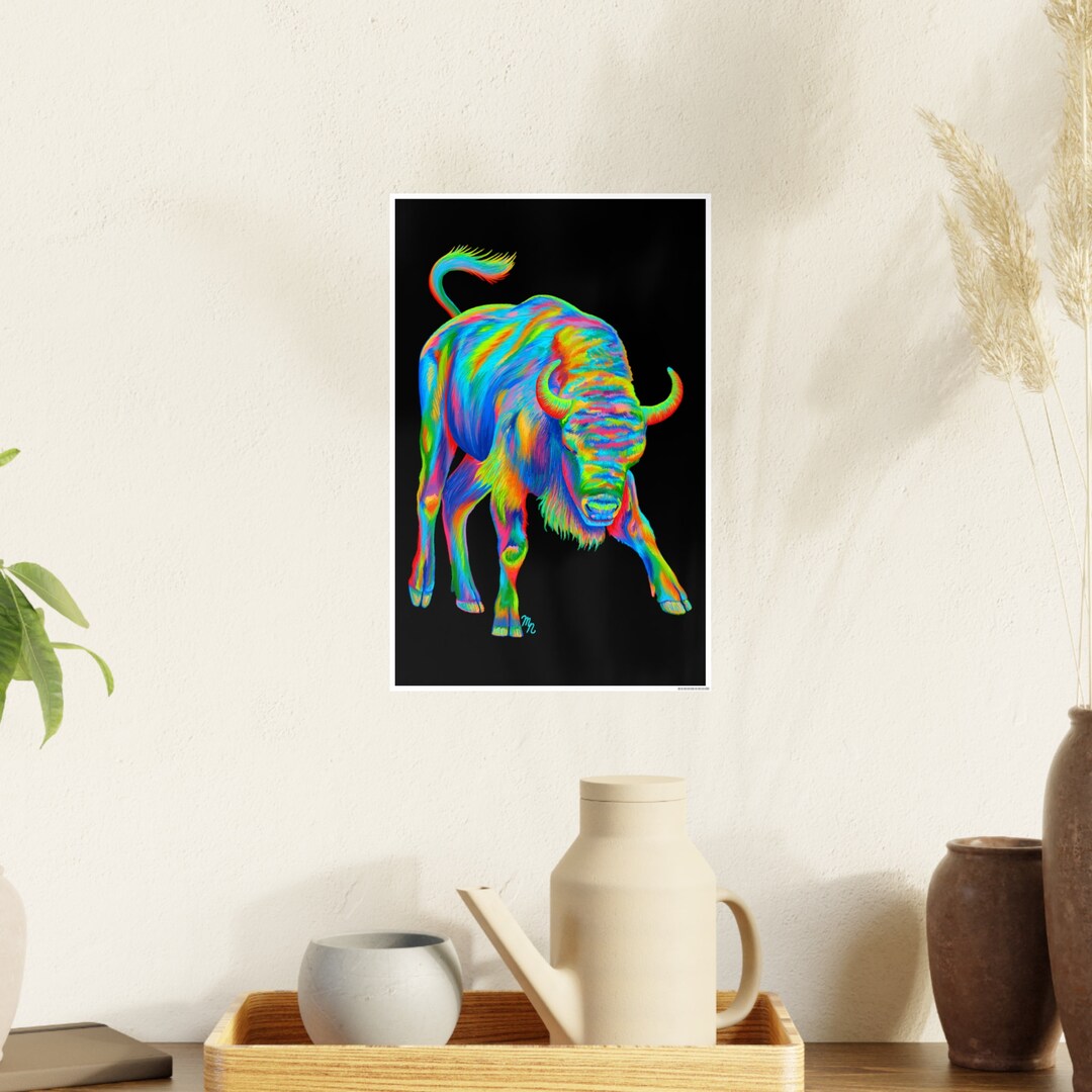Rainbow Buffalo Poster, Gift for Animal Lover, Home Wall Decor, Bison ...