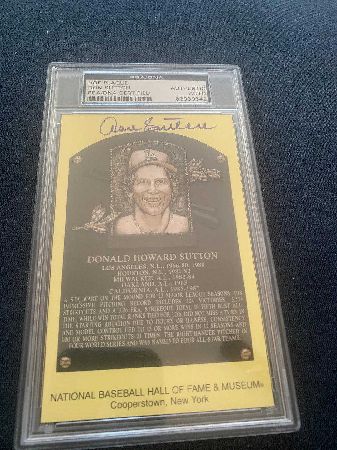 Don Sutton Signed Autographed Gold Plaque HOF Postcard Yellow Los ...
