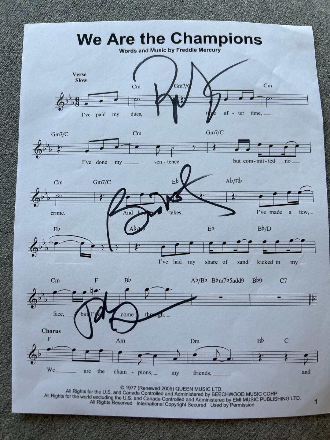 Queen Brian May, Roger Taylor & John Deacon Signed Autographed We Are ...