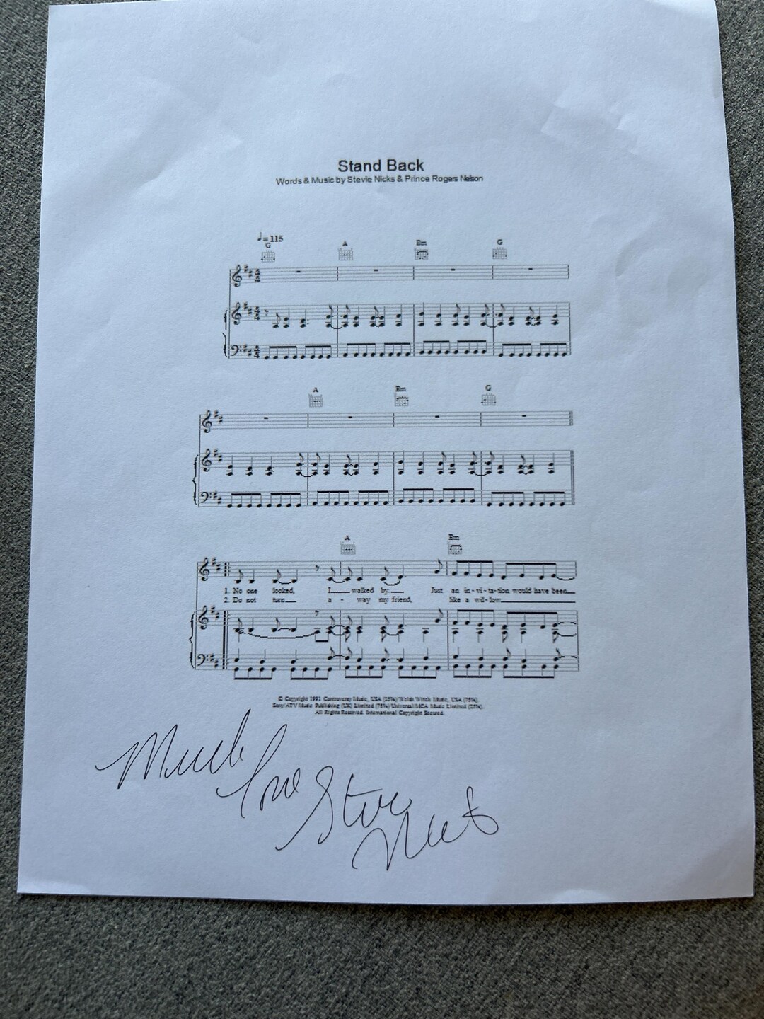 Fleetwood Mac Stevie Nicks Signed Autographed Stand Back Music Sheet W ...