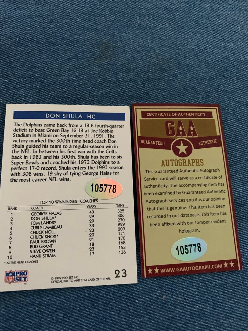 Don Shula Autographed Signed Miami Dolphins Football Card COA - Etsy