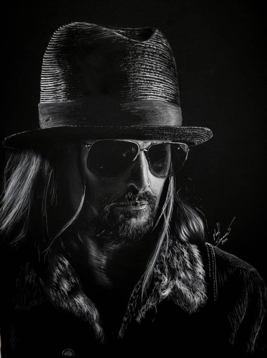 Kid Rock in White Charcoal on Black Paper - Etsy