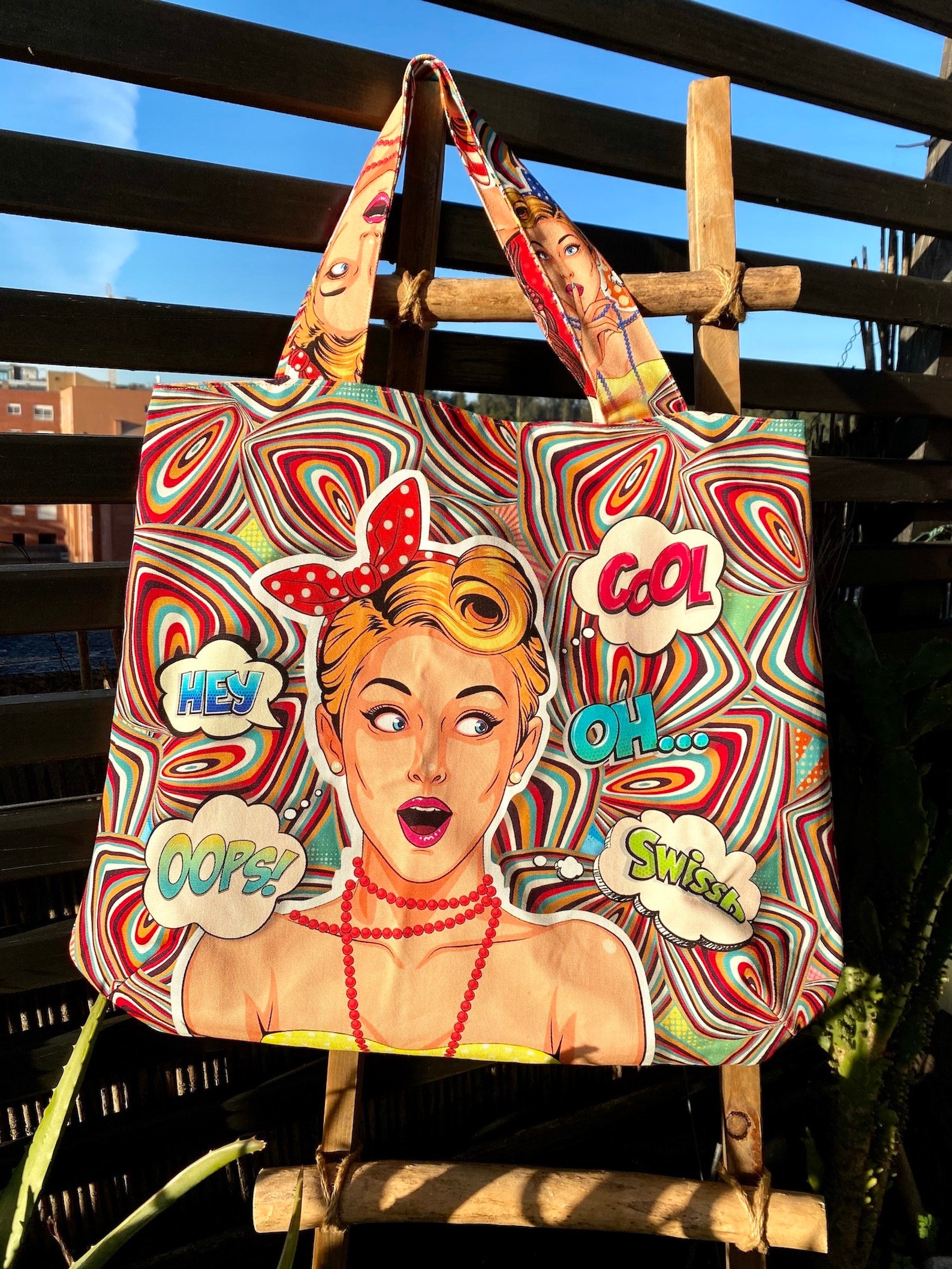Pop Art Tote Bag. Vintage Style Shoulder Bag. Reversible Beach Bag. Big ...