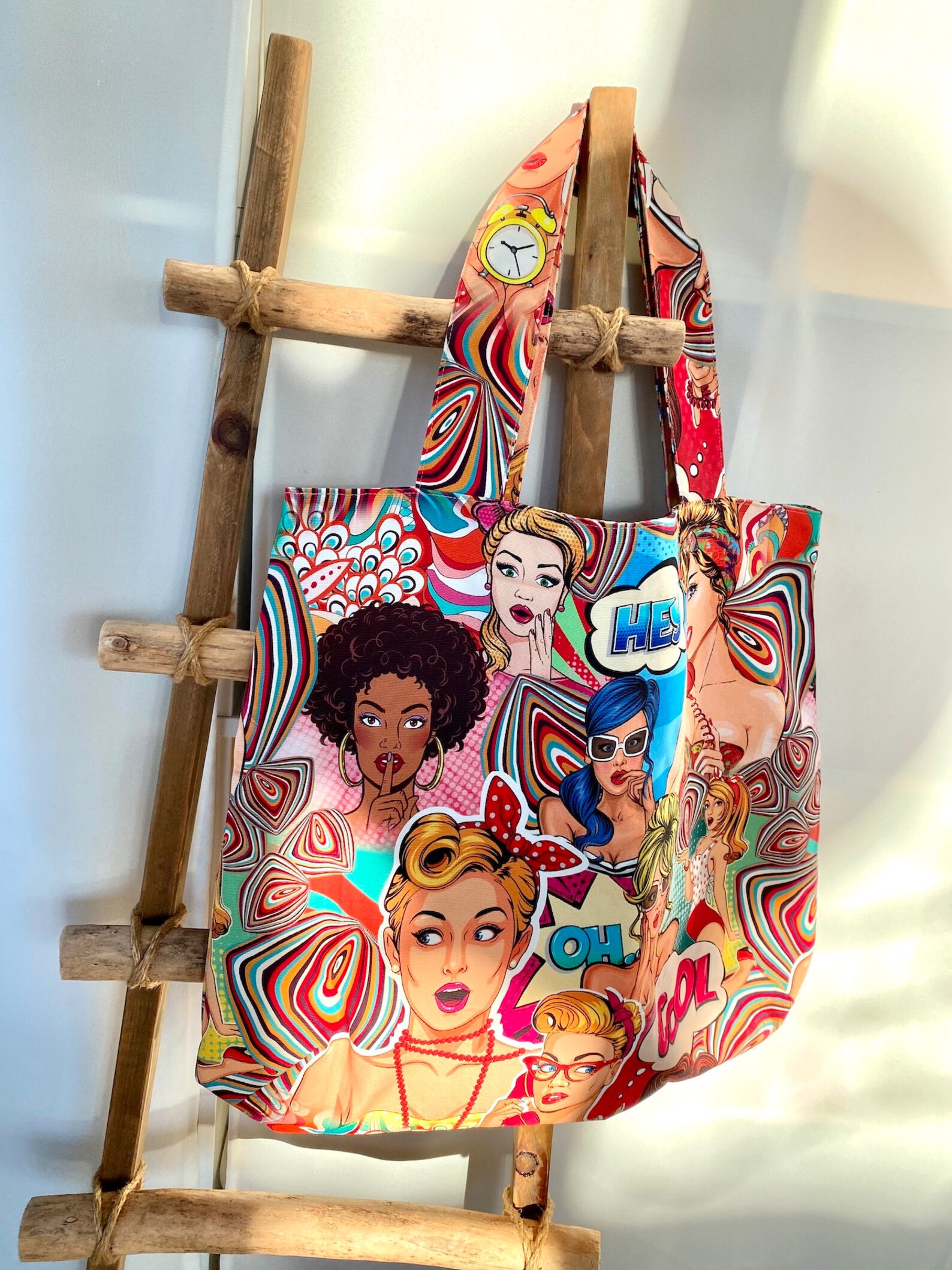 Pop Art Tote Bag. Vintage Style Shoulder Bag. Reversible Beach Bag. Big ...