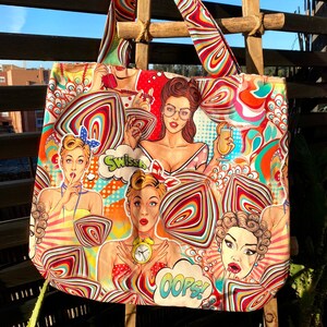 Pop Art Tote Bag. Vintage Style Shoulder Bag. Reversible Beach Bag. Big ...
