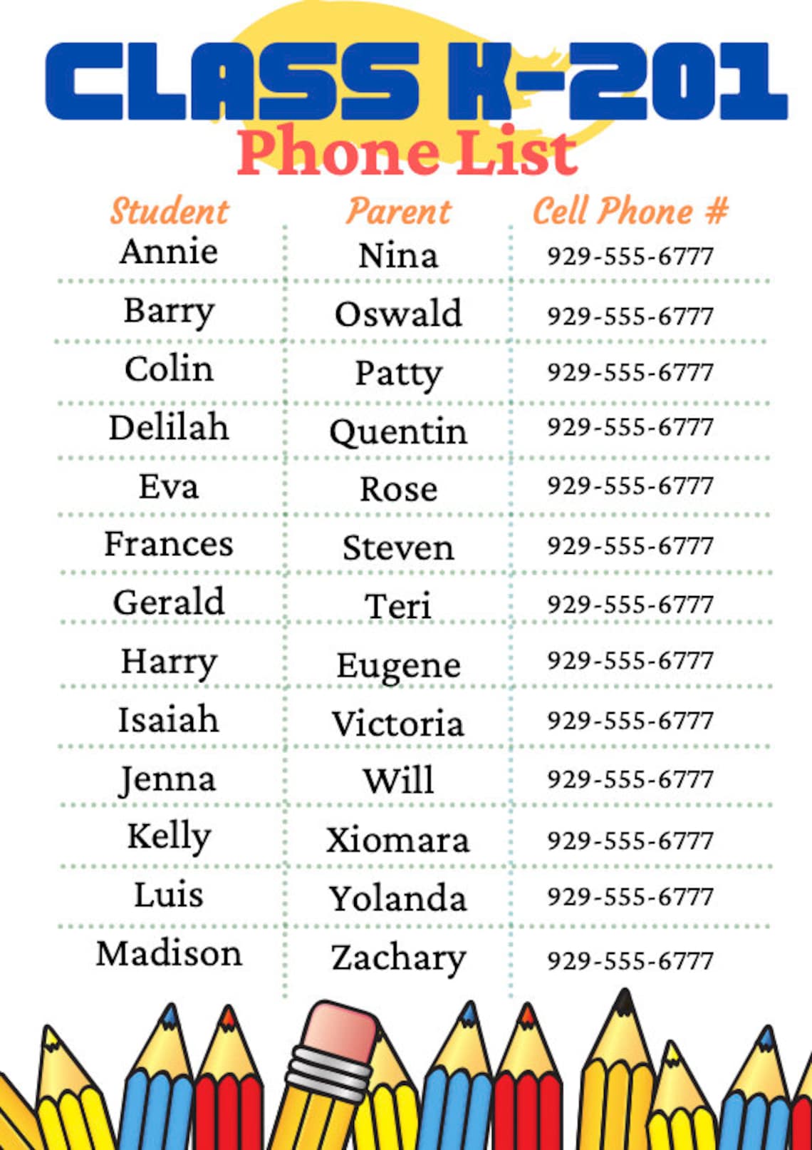 Eltern Telefonliste für Grundschulklasse Schüler | Etsy