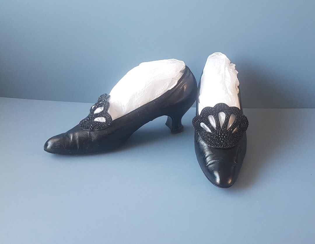 Antique Victorian, Edwardian Ladies Shoes, Black Leather, Beading, Size ...