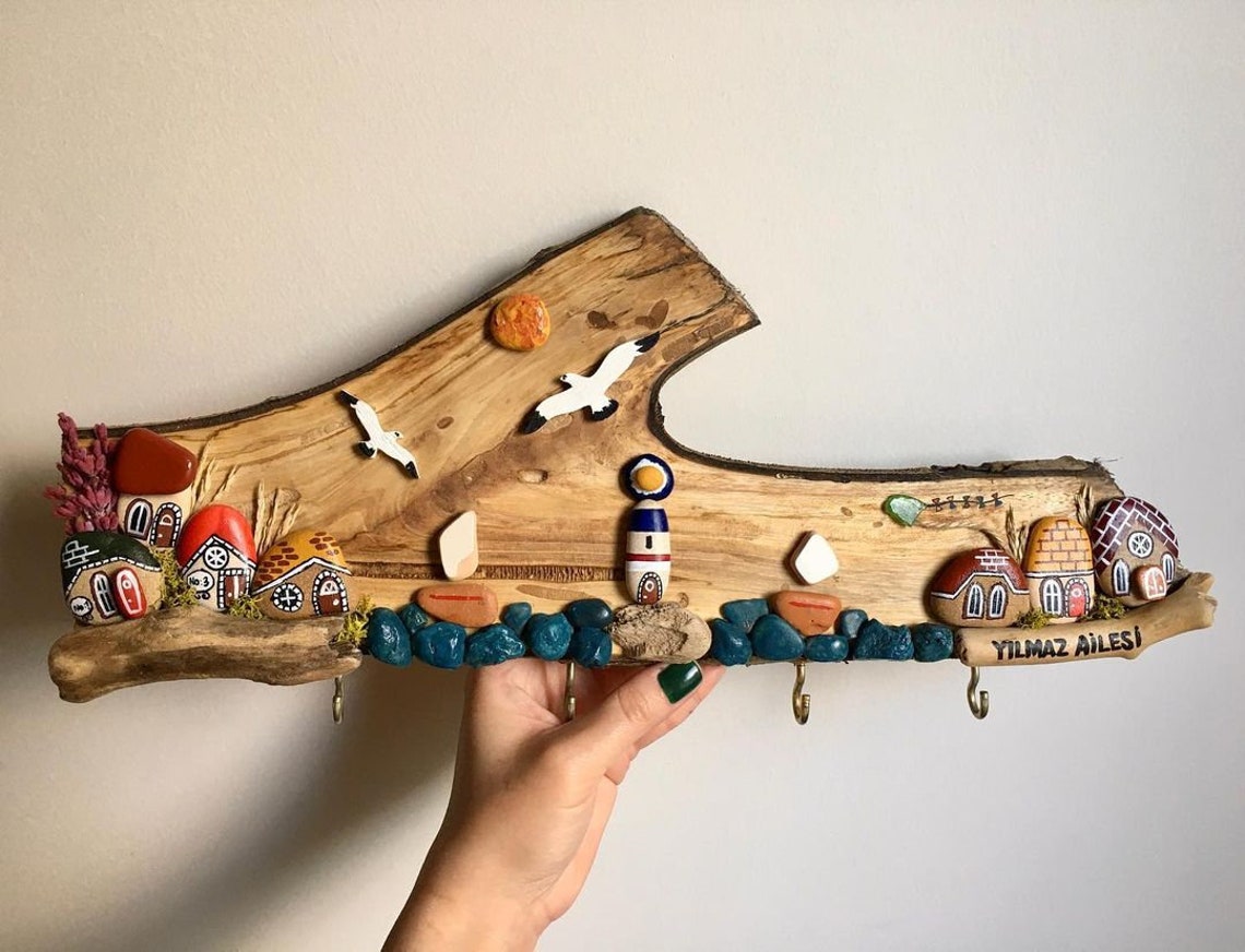 Natural Wood Key Holder Handmade Key Holder Stone Painting - Etsy