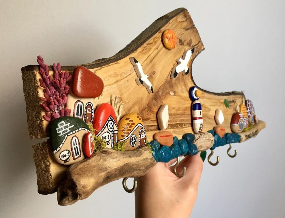 Natural Wood Key Holder Handmade Key Holder Stone Painting - Etsy