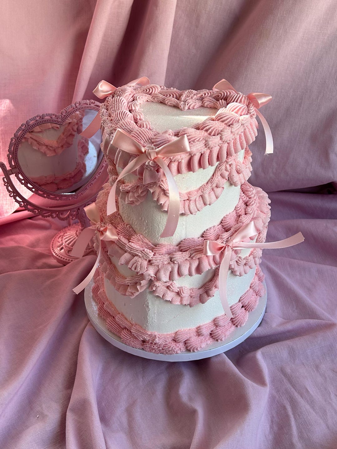 Fake Heart Cake 2 Tiered Vintage Style With Glitter and Bows Pink and ...
