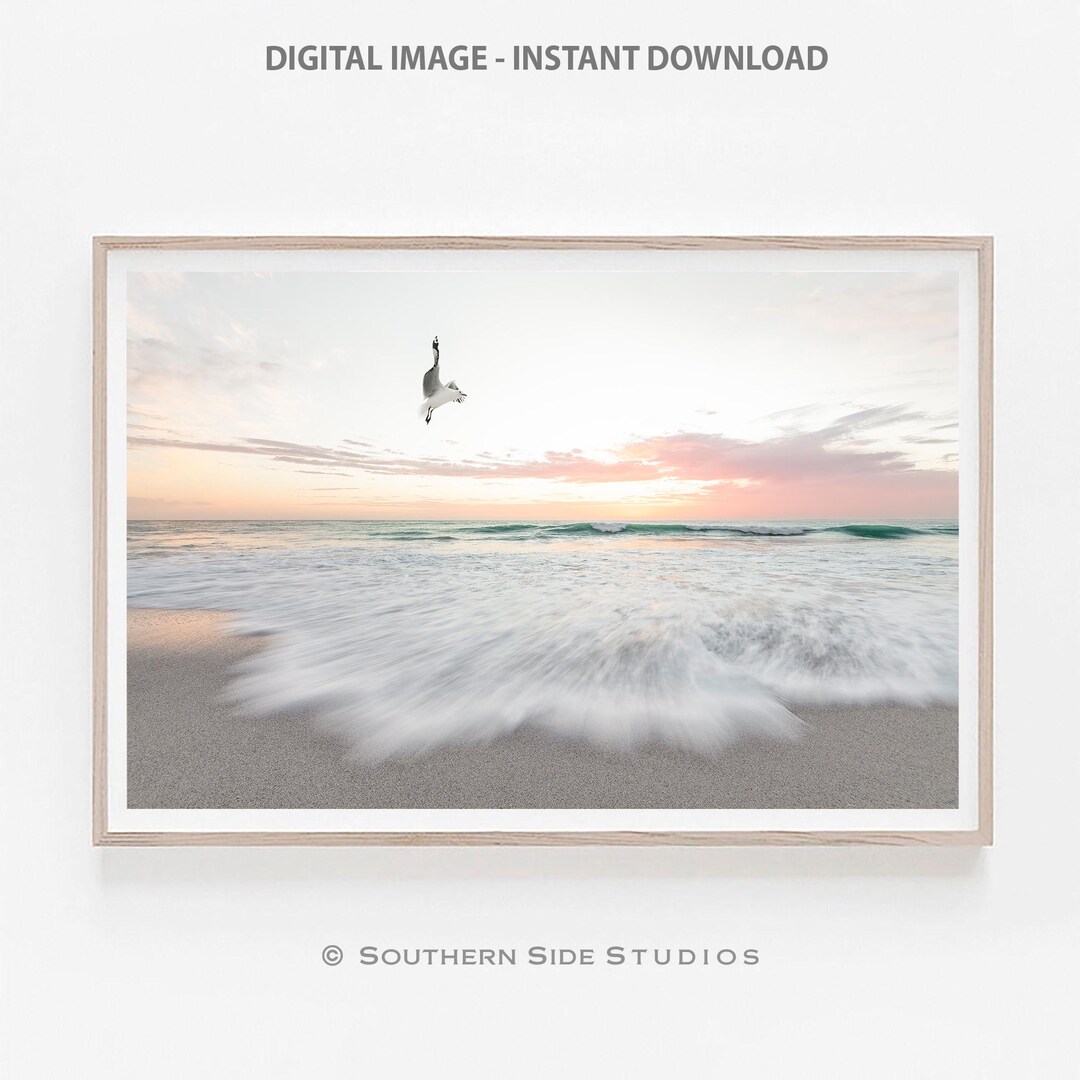 Dreamy Seascape Photo, Soft Pastel Beach Print, Flying Seagull Wall Art ...