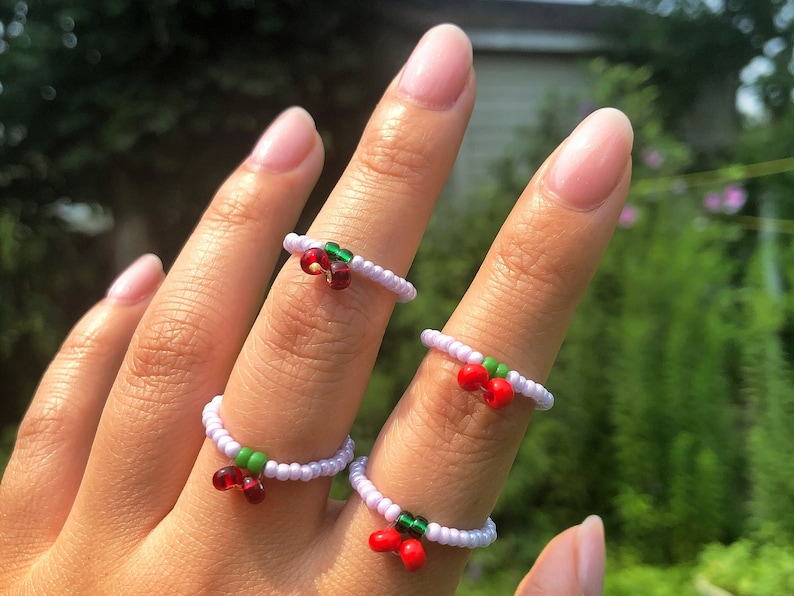 Dainty Cherry Seed Bead Ring | 90s, Stackable, Customizable, Handmade ...