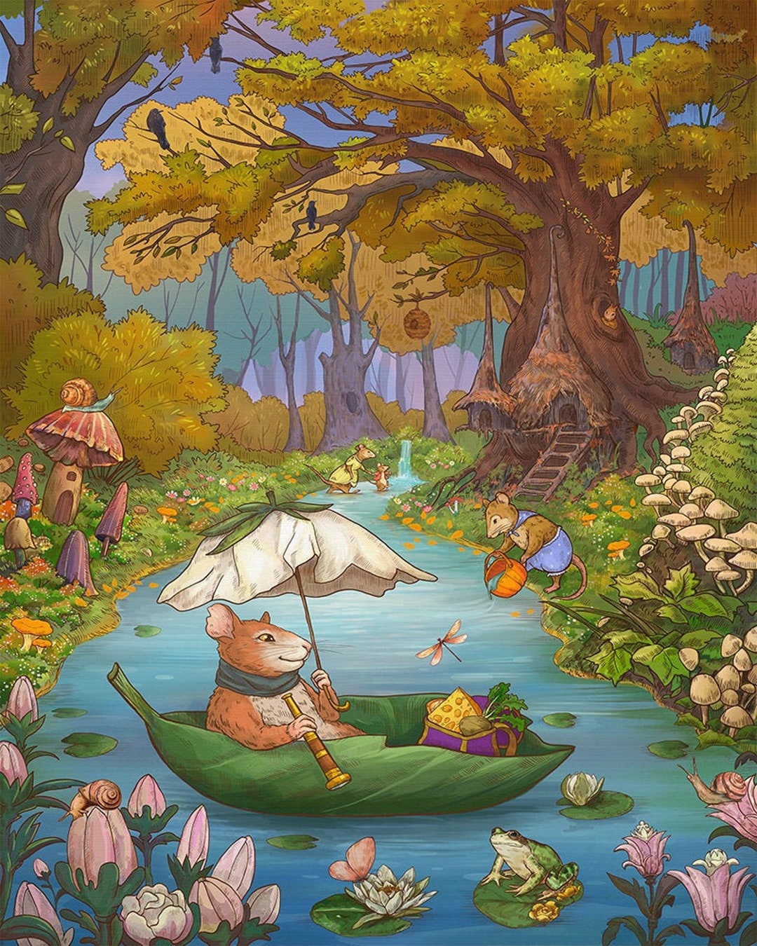 Giclee Whimsical Rat on a Boat Rat Colony Lilypad Mushroom Forest ...