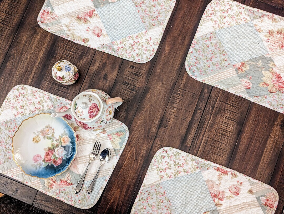 Floral Patchwork Quilted Placemat: Shabby Chic Reversible Cotton Table ...