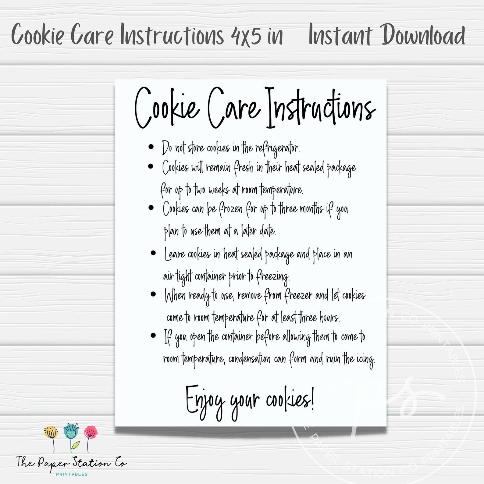 Minimalist Cookie Care Instruction Printable Card 4x5 In, Cookie Kit ...