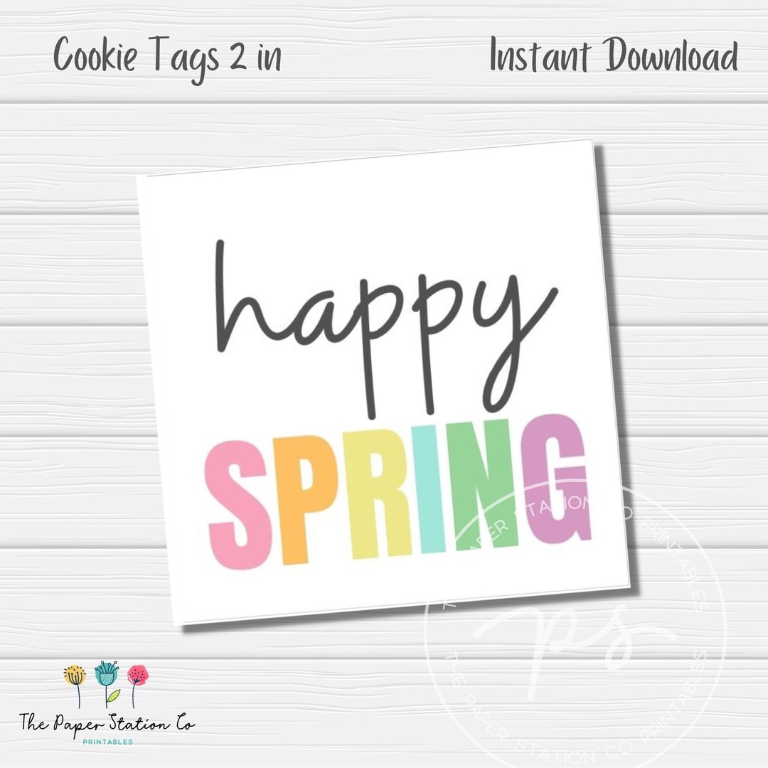 Happy Spring Printable Square Cookie Tag 2 In, Spring Easter Cookie Tag ...