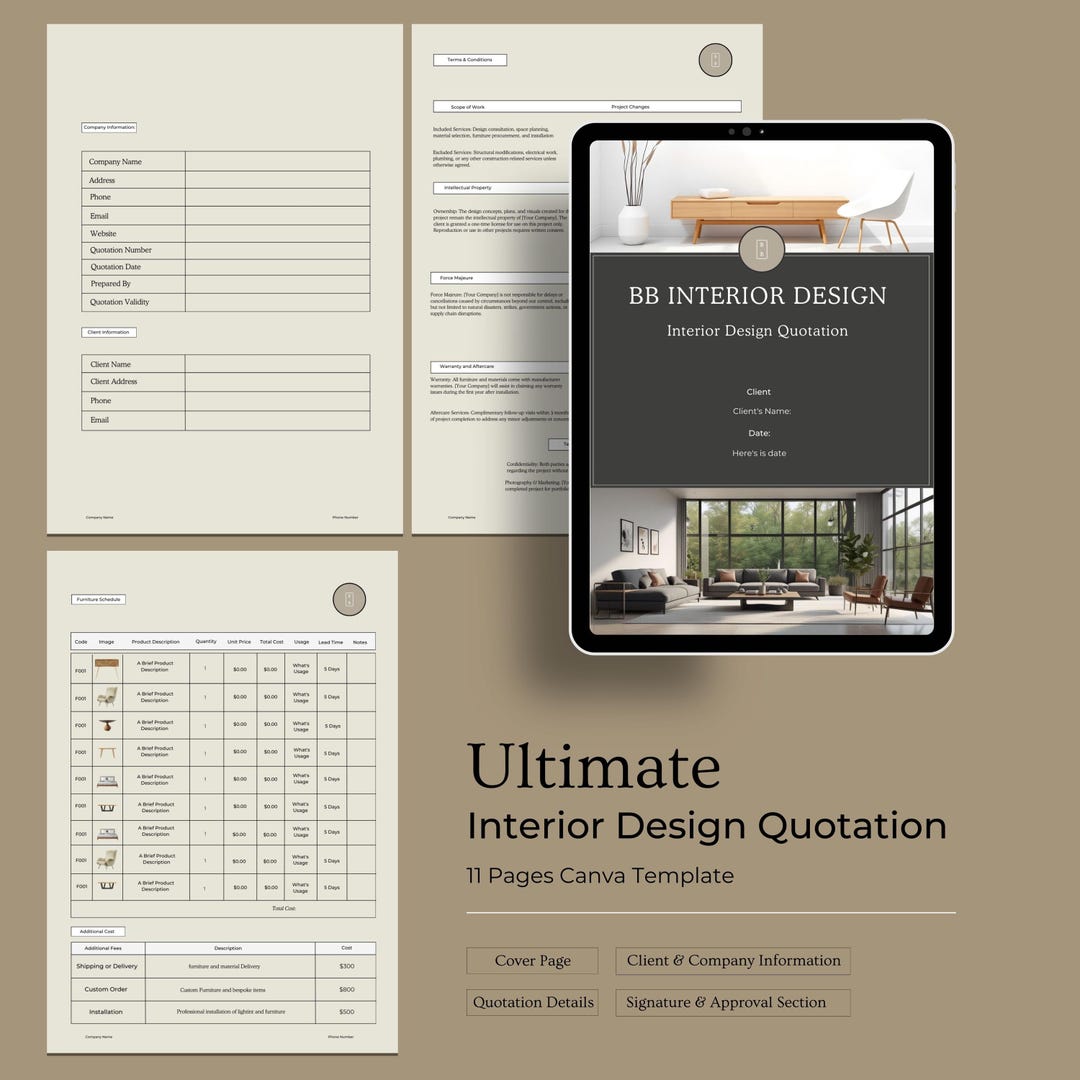 Canva Interior Design Quotation Template Client Info, Payment Schedule ...