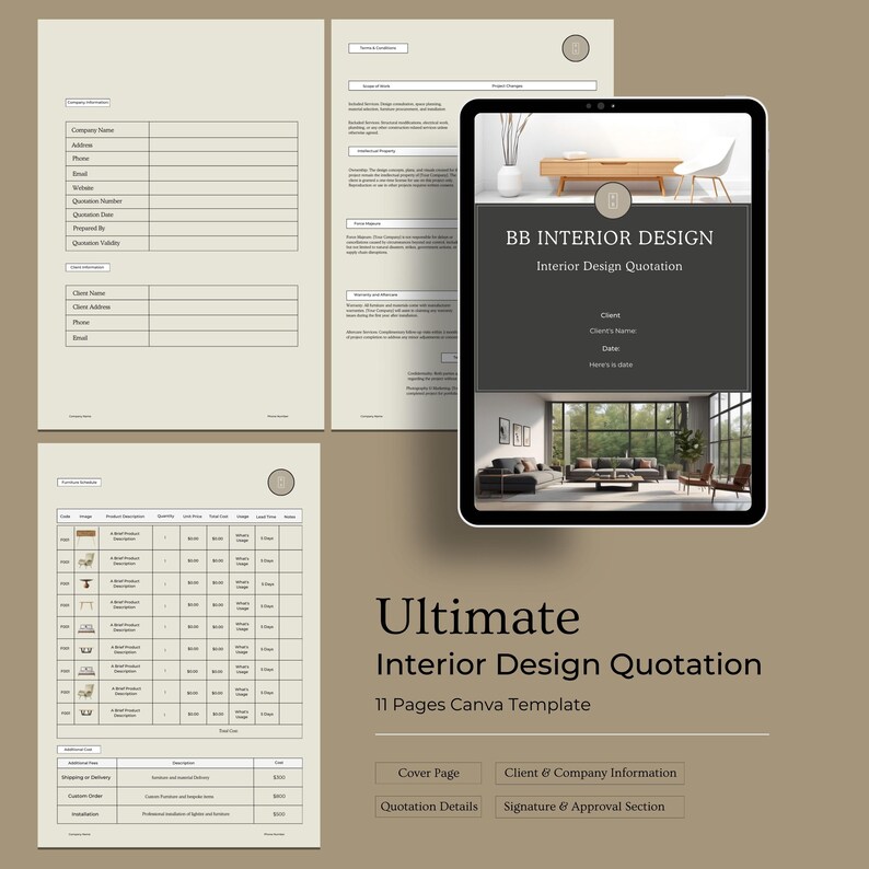 Canva Interior Design Quotation Template Client Info, Payment Schedule ...